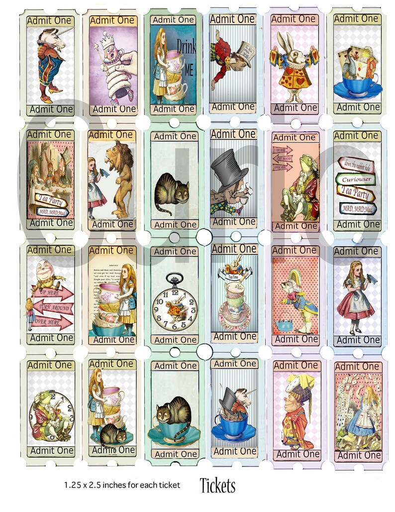 Alice in Wonderland Ephemera: Faux Stamps and Tickets (digital Download ...