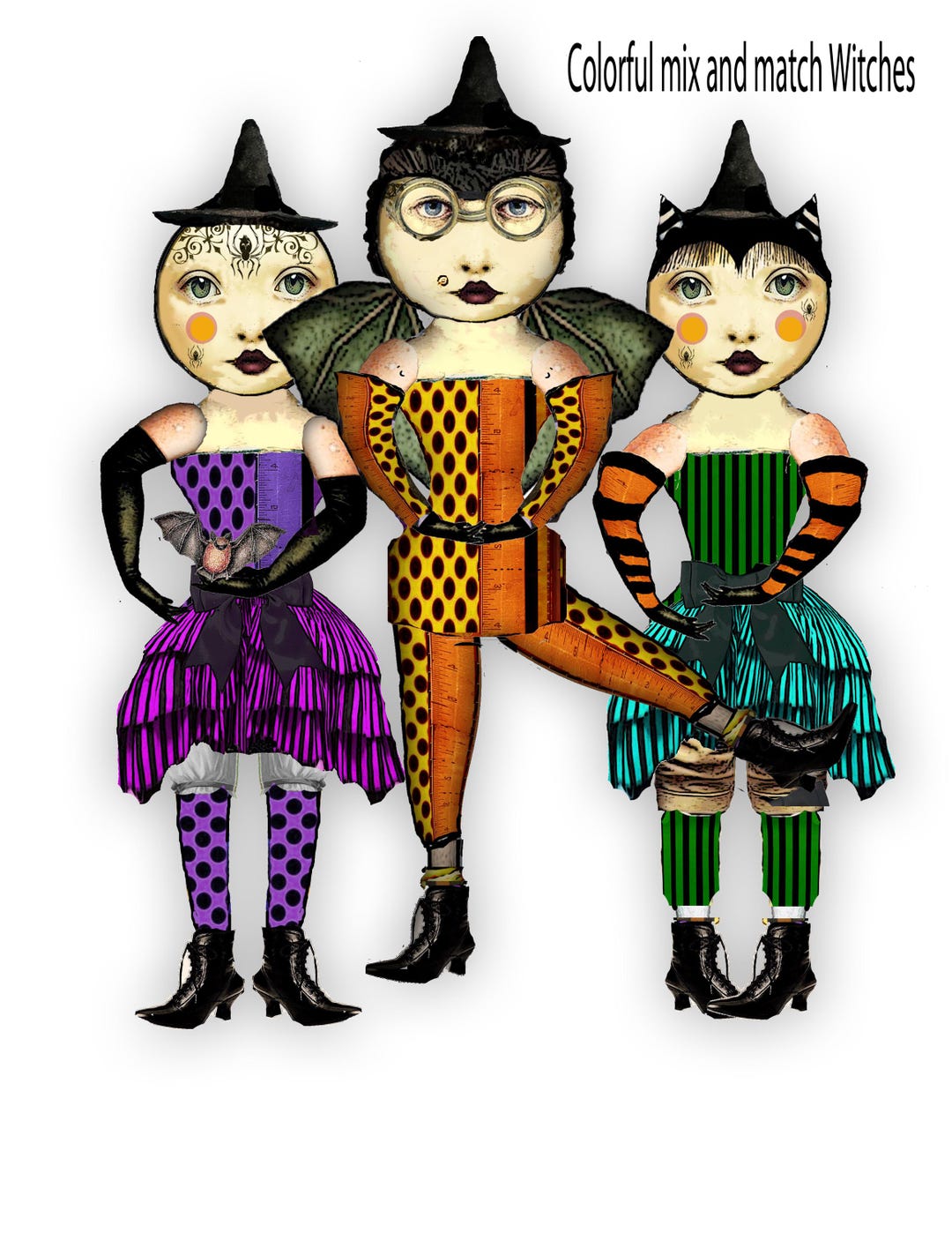 Whimsical Halloween Witch Printable: Mix & Match Scrapbook Dolls (JPEG ...