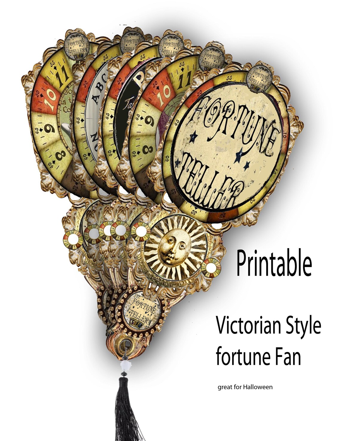 Printable Victorian Fan Fortune Teller Halloween Themed 6 Paddles Diy ...