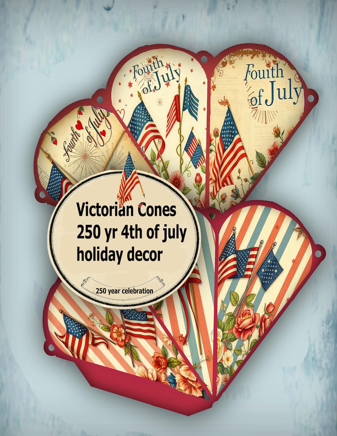 Printable Victorian Cones 4th of July Celebration 250 Yrs in Red White ...