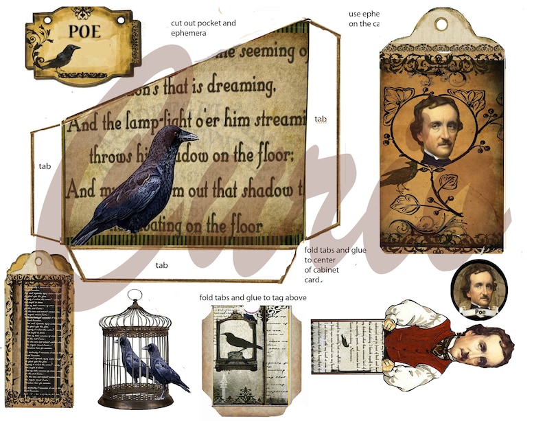 Printable Edgar Allan Poe Cabinet Card With Pockets and Ephemera ...