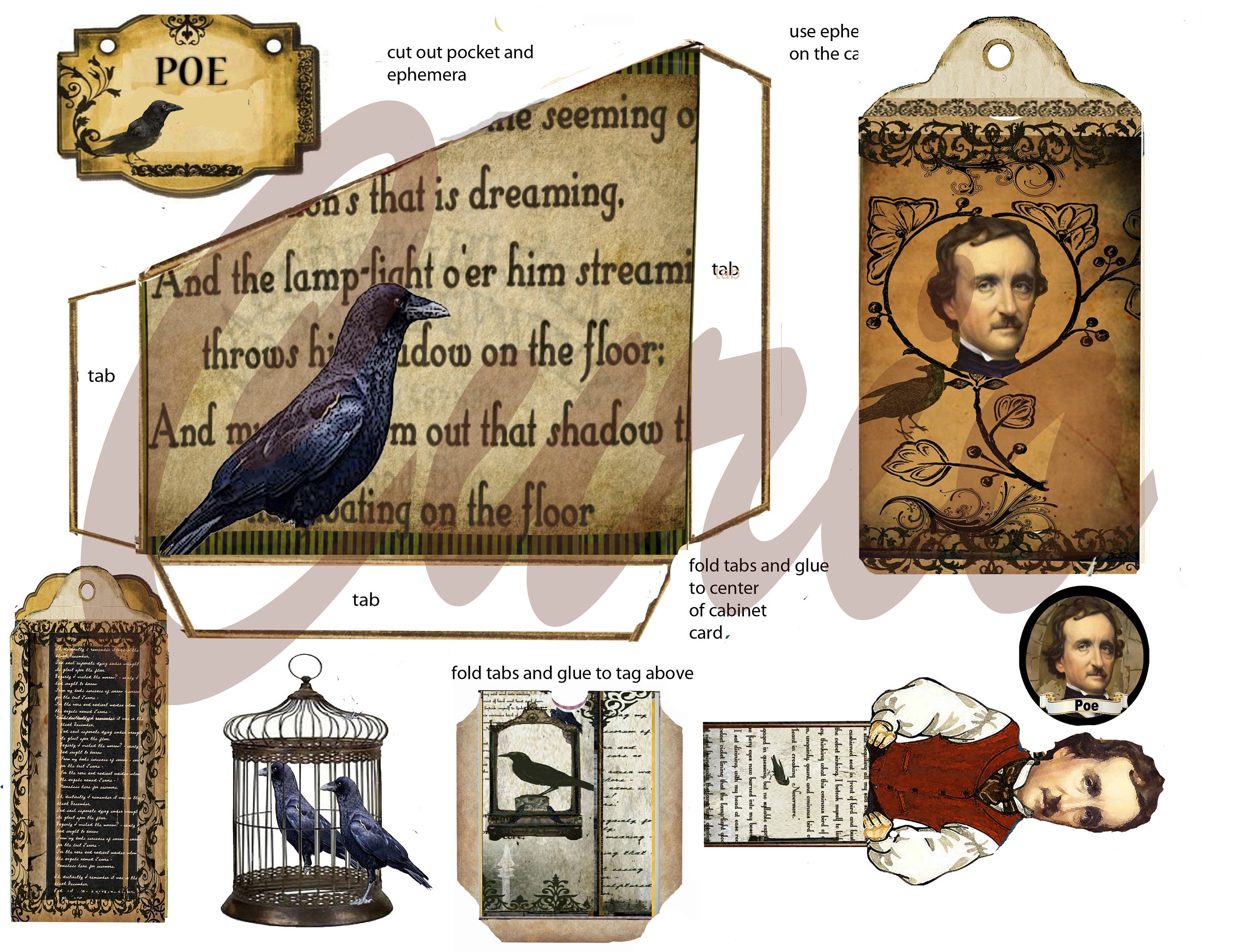 Printable Edgar Allan Poe Cabinet Card With Pockets and Ephemera Scrapbook Page Junk Journal ...