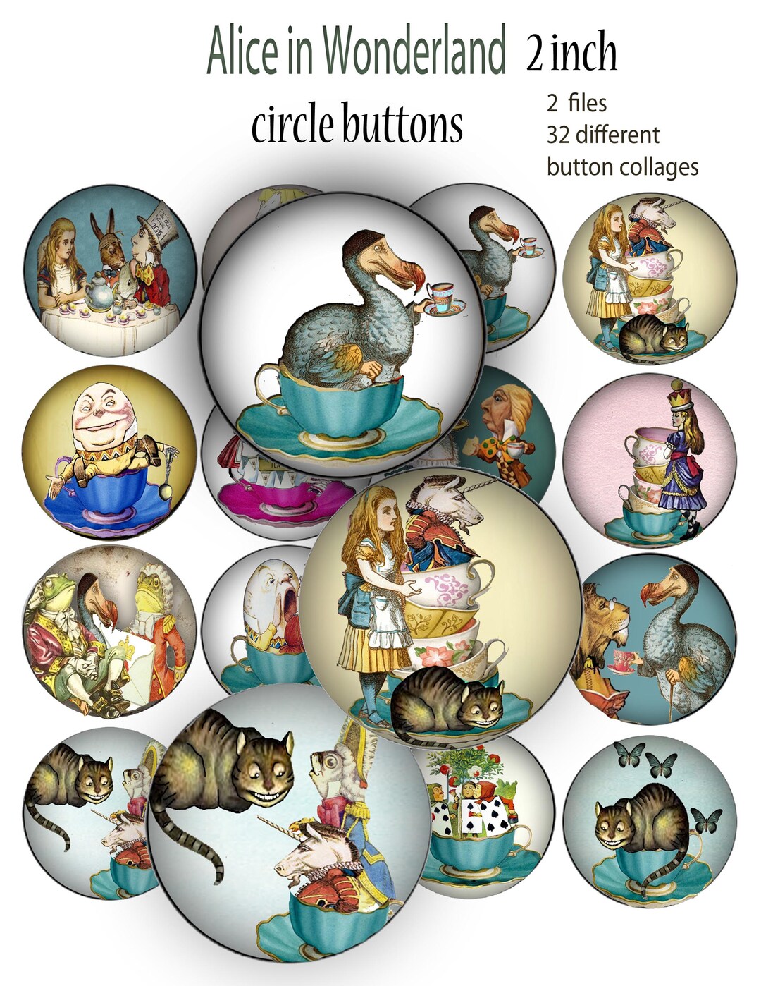 Alice in Wonderland Circles Collages Buttons: Printable Ephemera ...