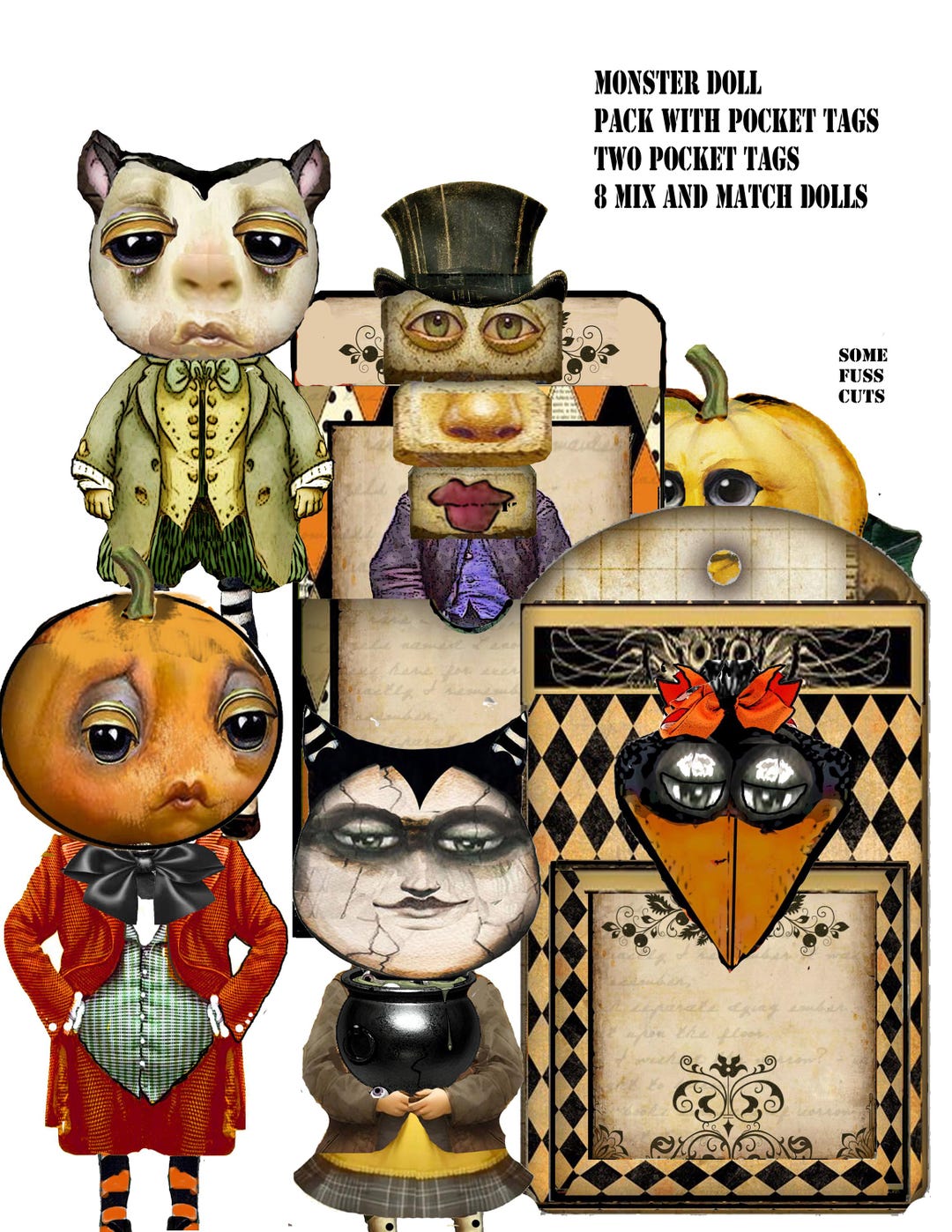 Halloween Monster Doll Set: Mix and Match Tags & Pockets Printable ...