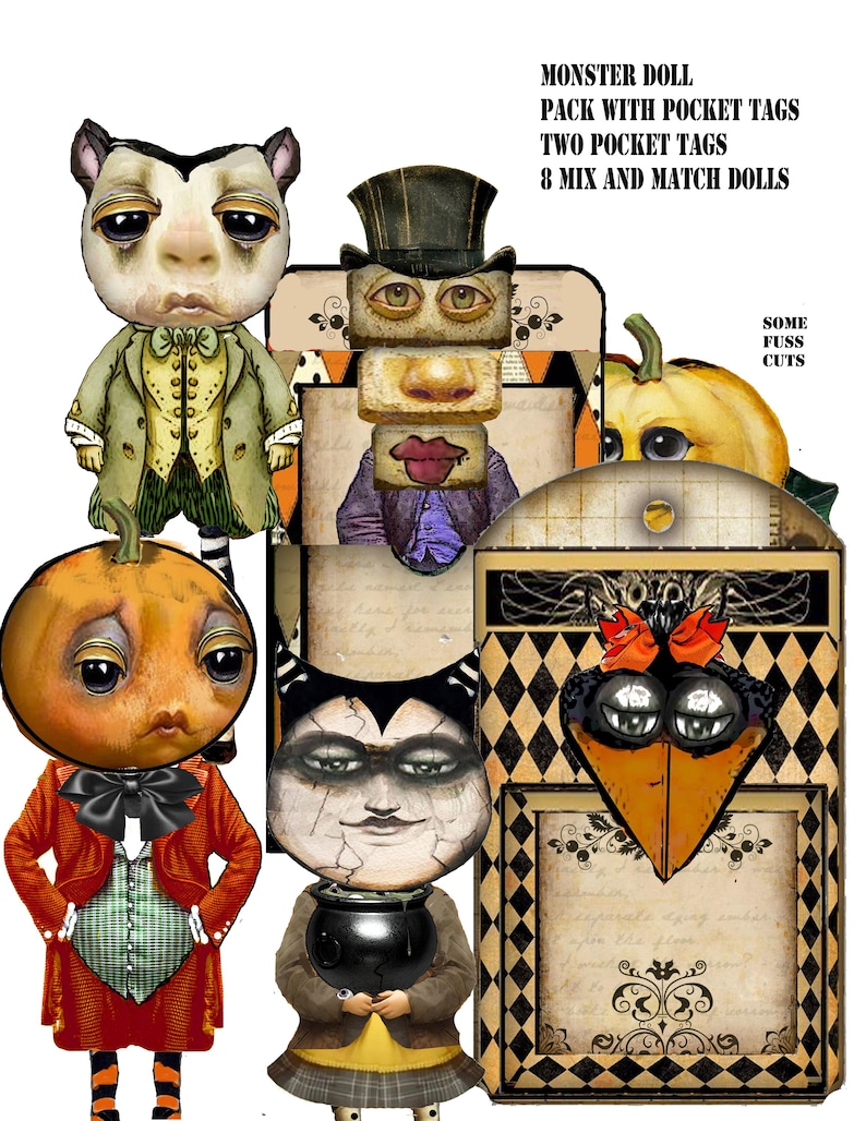 Halloween Monster Doll Set: Mix and Match Tags & Pockets Printable ...