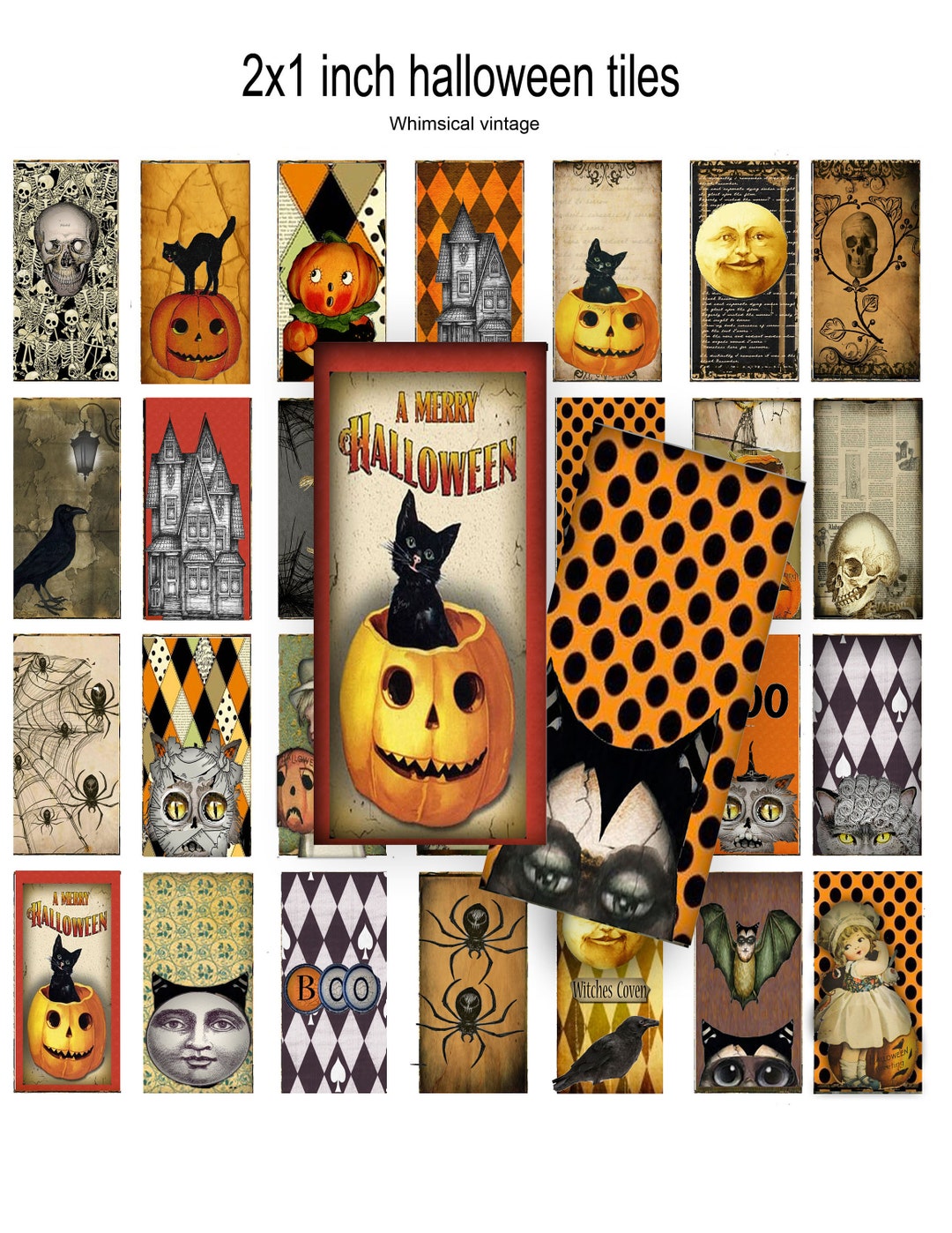 Printable 1x2 Domino Collage Sheet Vintage Halloween Tiles for Projects ...