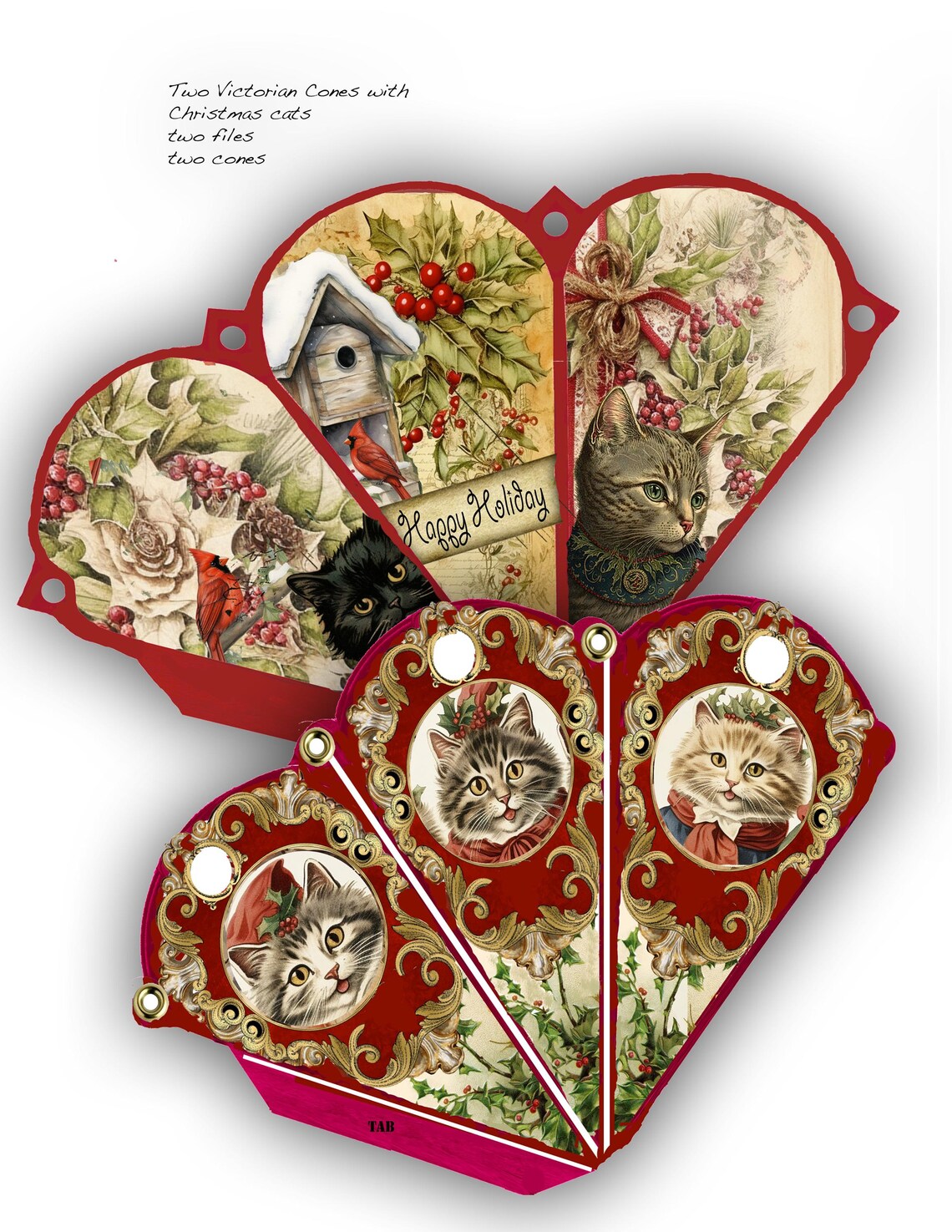 Printable Victorian Christmas Cones Cat Themed: Holiday Decor DIY (JPEG ...