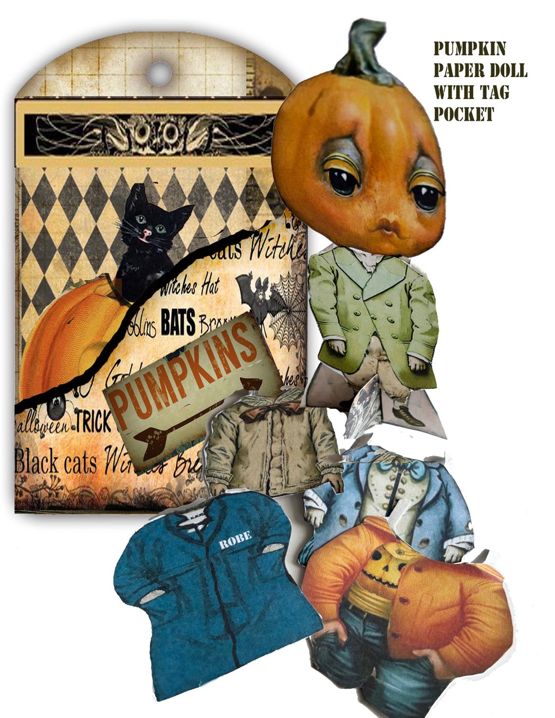 Printable Pumpkin Paper Doll: Halloween Costume Clothes, Pocket Tag ...
