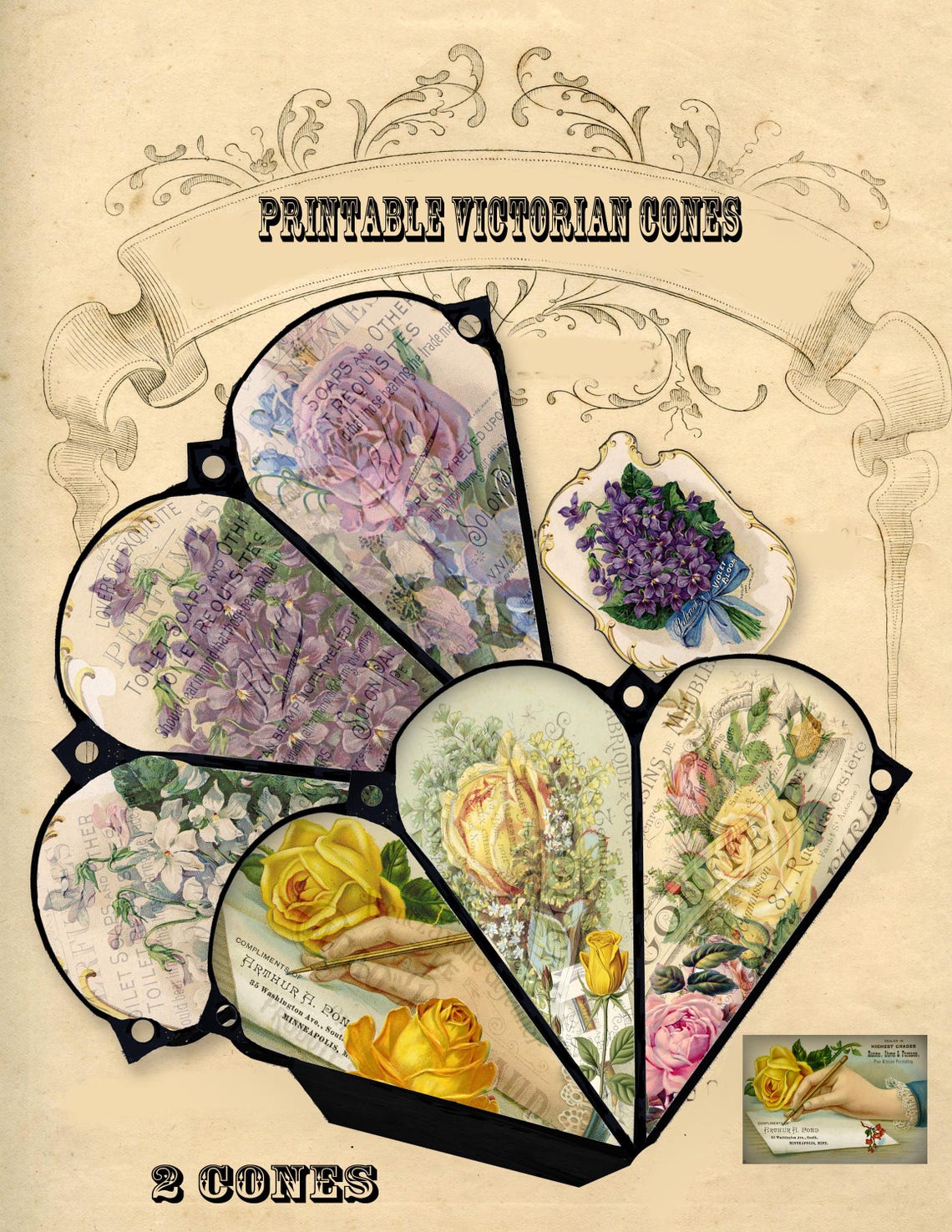 Printable Victorian Flower Overlays Cones: Two Party Decor With ...