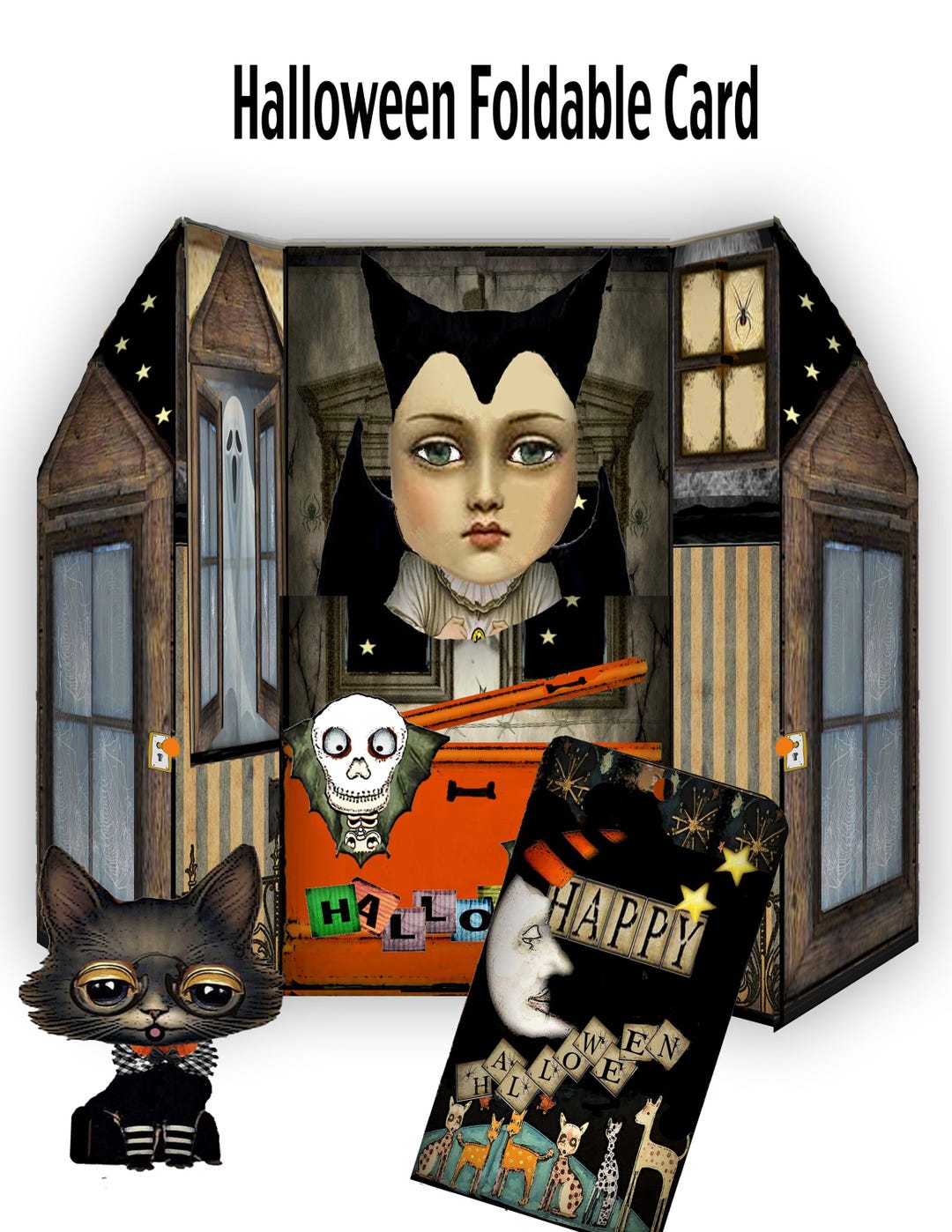 Printable Haunted House Halloween Card: Foldable Popup With Ephemera ...