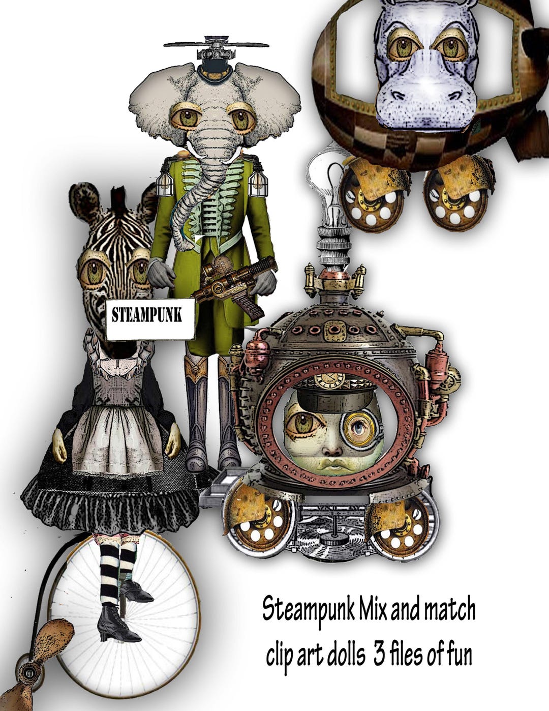 Steampunk Animal Clip Art Dolls: Mix & Match Scrapbook DIY (JPEG) - Etsy