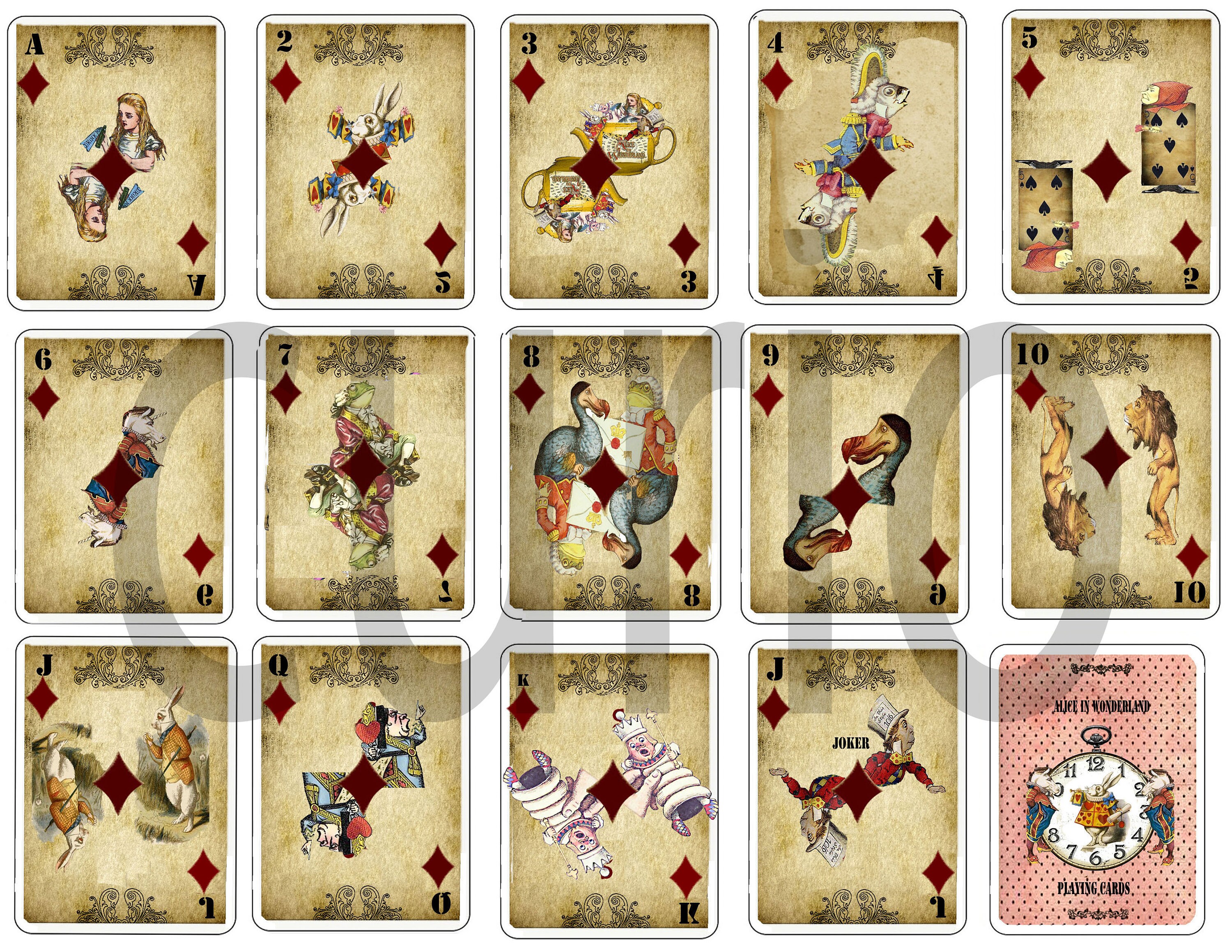 Alice in Wonderland Printable Cards 52 Playing Card With Backs and a ...