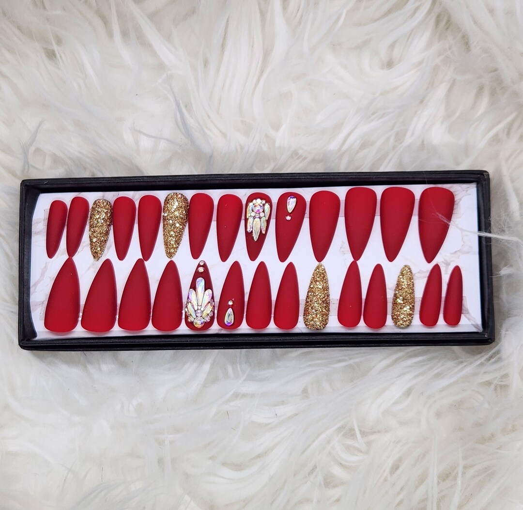 Red Press on Nails With Glitter and Rhinestones - Etsy