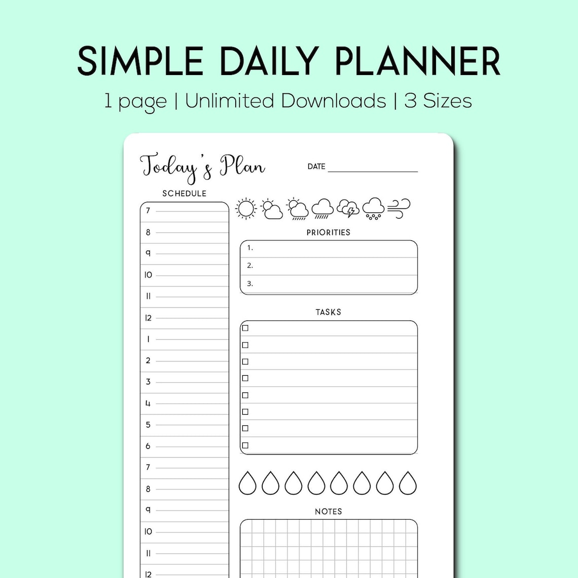 Simple Black and White Printable Daily Planner Insert With Water ...