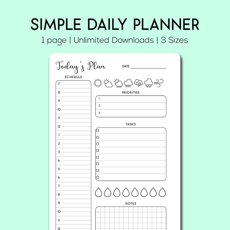 Simple Black and White Printable Daily Planner Insert With Water ...