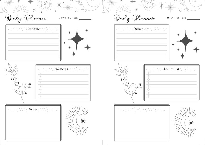 Printable Black and White Daily Planner Bundle With Starry-themed ...