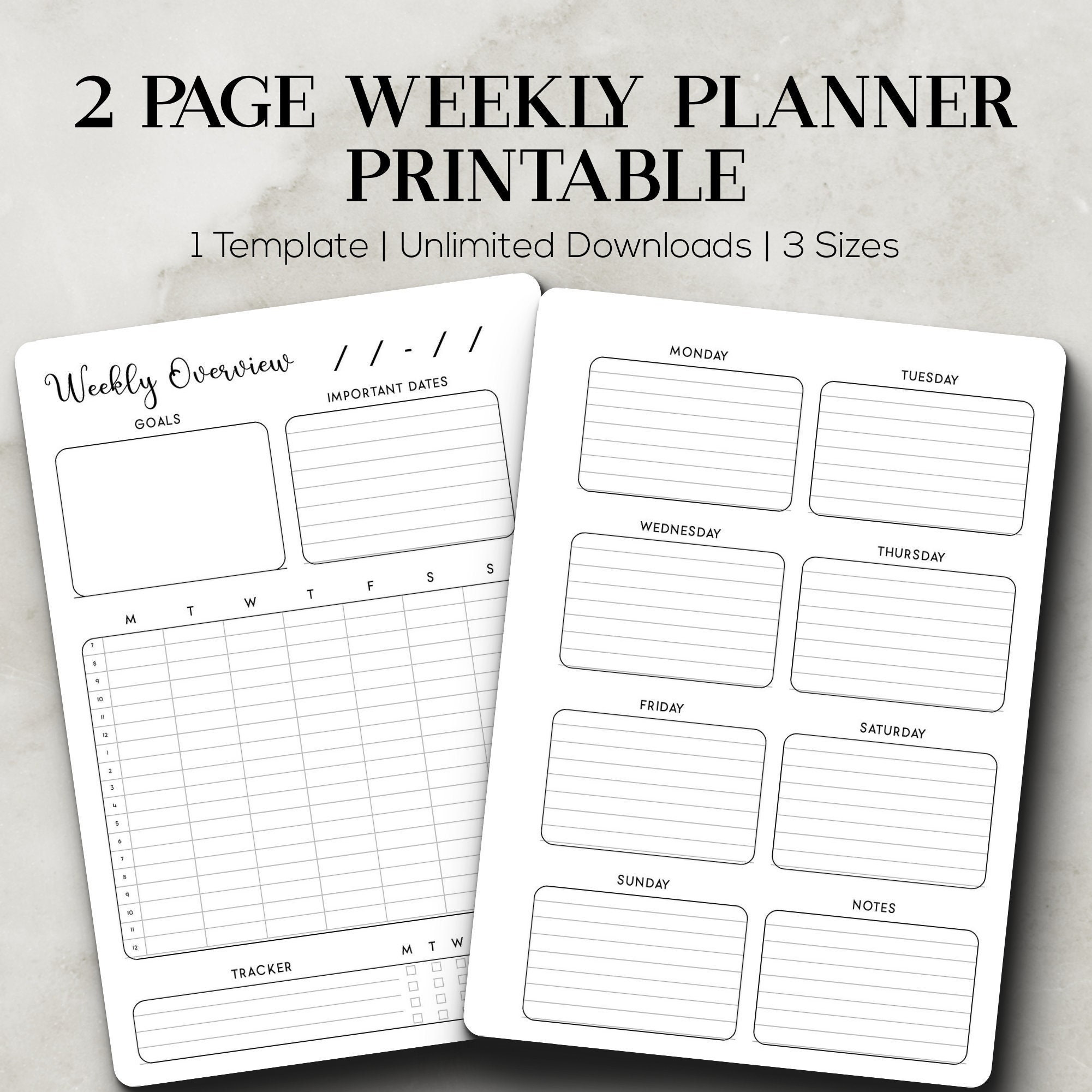 Two Page Weekly Planner Printable | Black and White | Size A4, A5, and ...