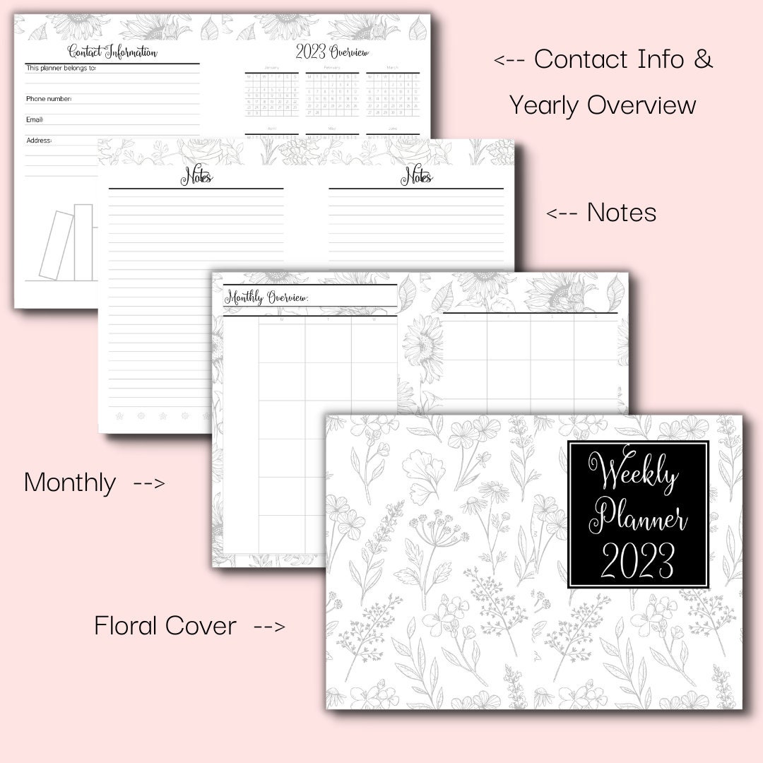 Printable Black and White Monthly & Weekly Planner With Floral ...
