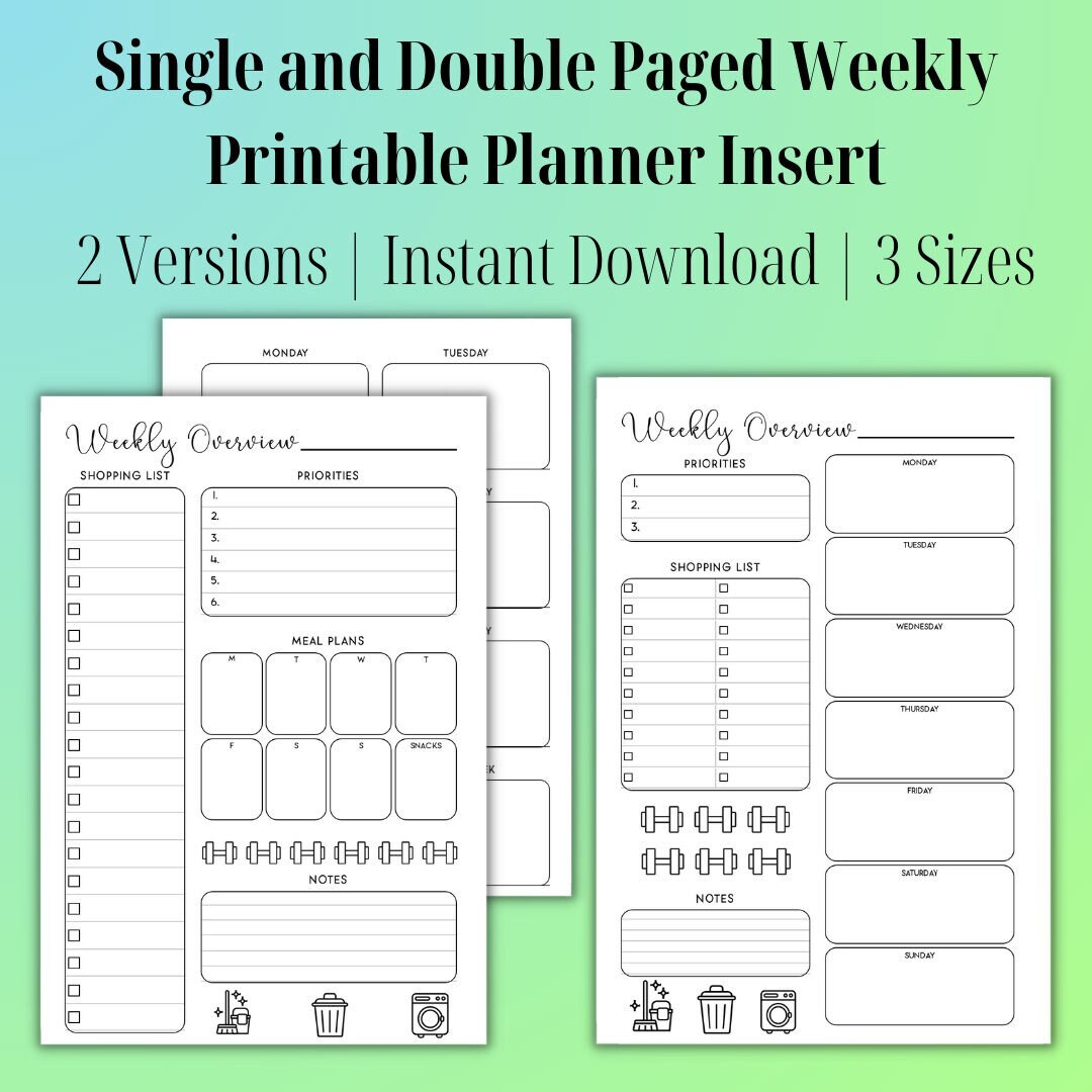 Single and Double Page Weekly Black and White Printable Planner Insert ...