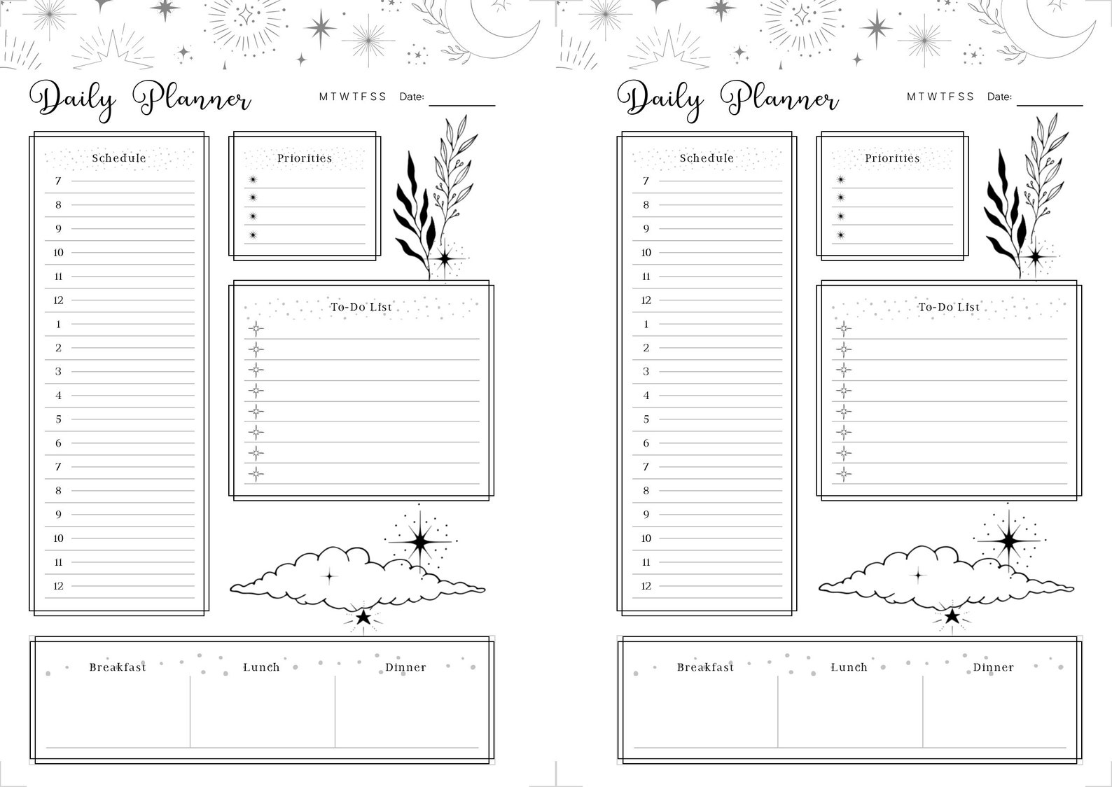 Printable Black and White Daily Planner Bundle With Starry-themed ...