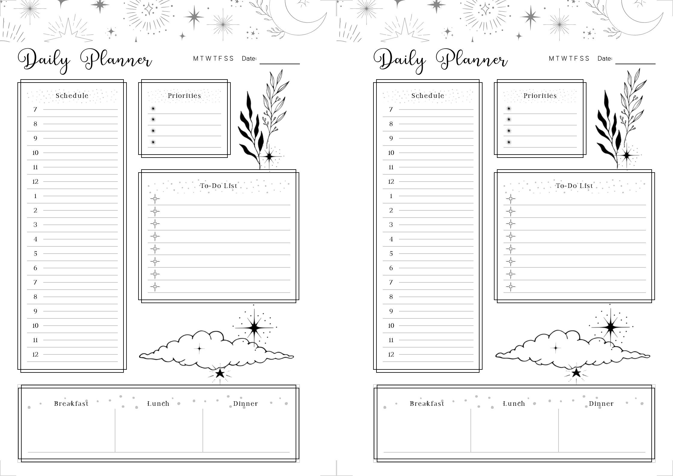 Printable Black and White Daily Planner Bundle With Starry-themed ...