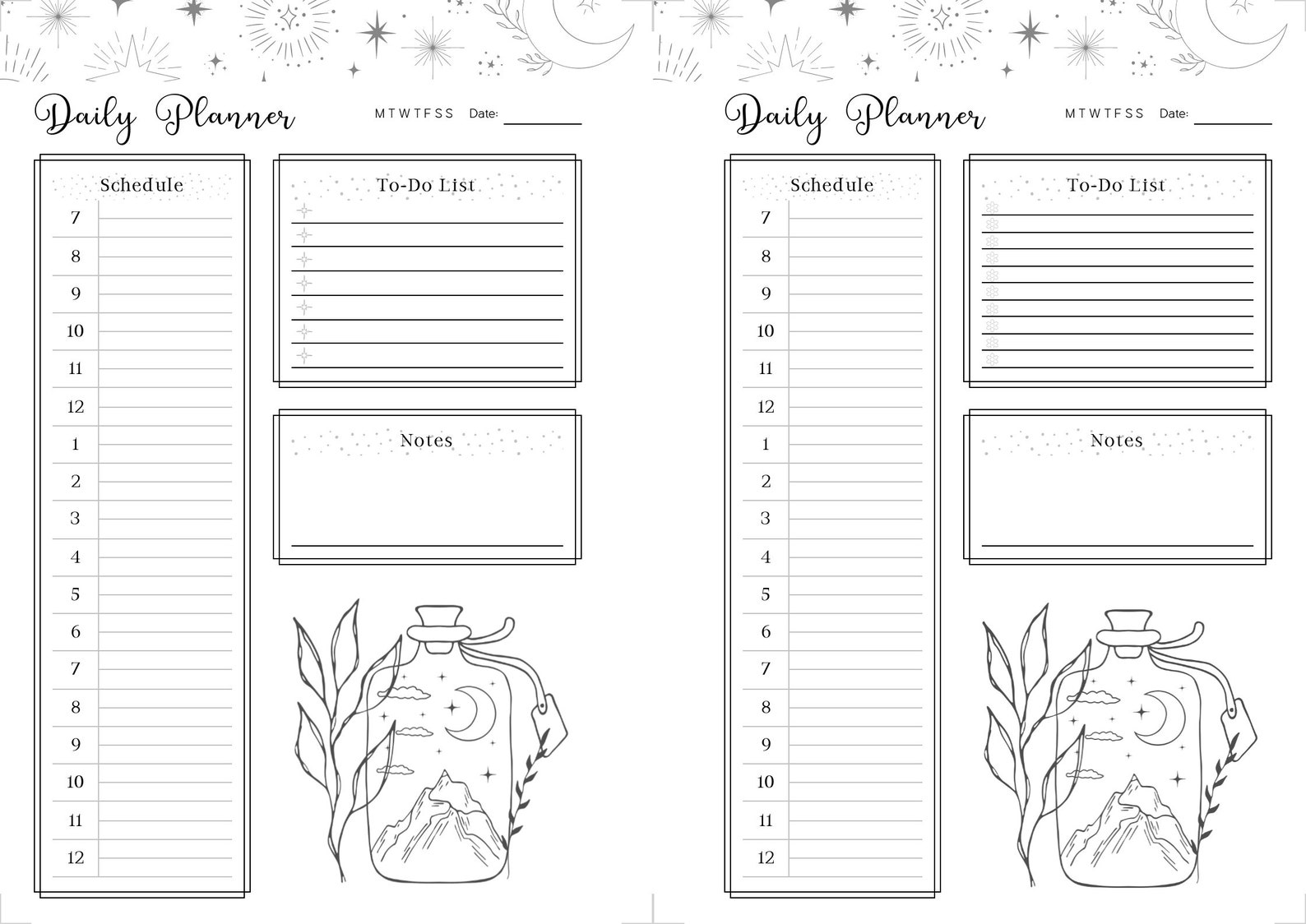 Printable Black and White Daily Planner Bundle With Starry-themed ...