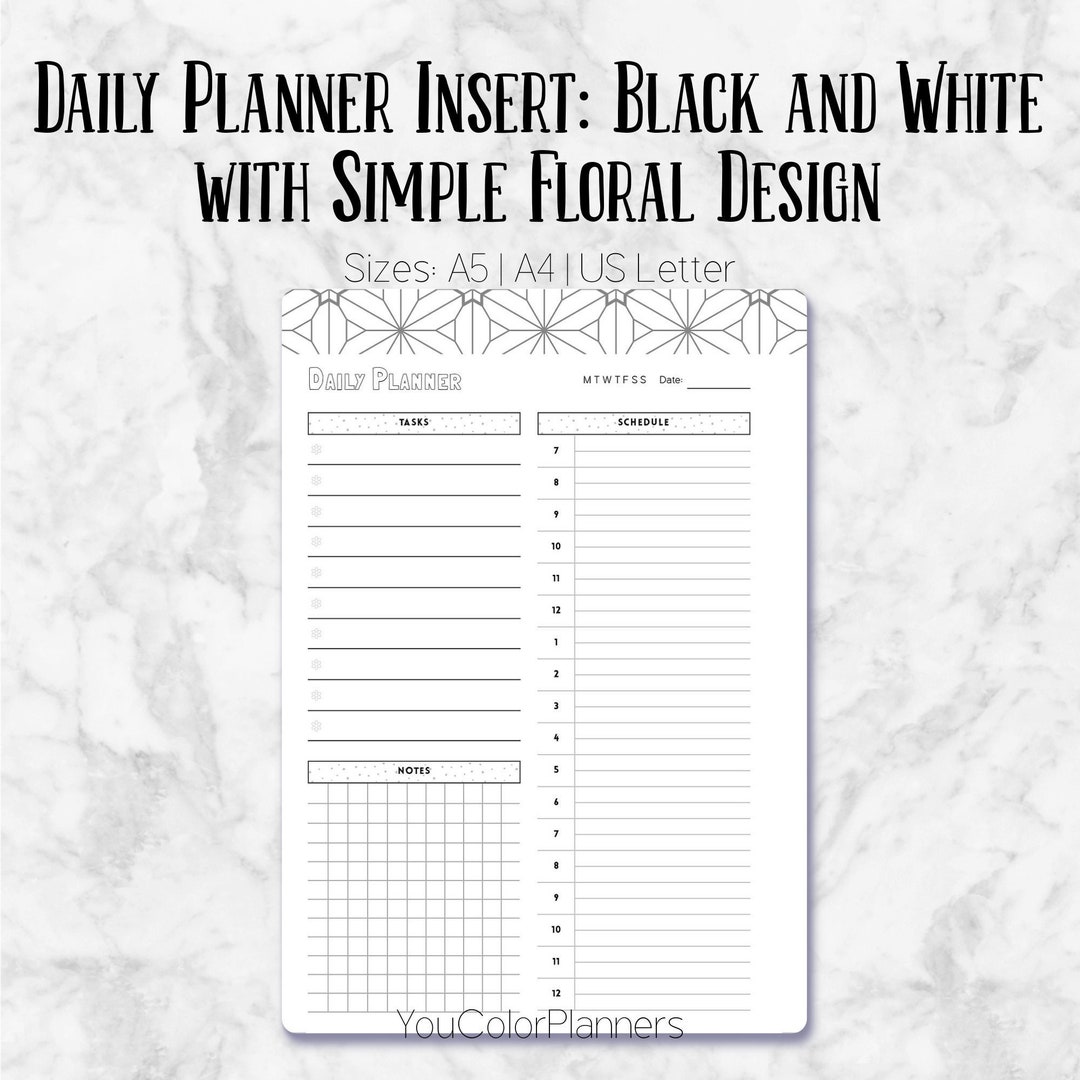 Black and White Daily Planner Printable Insert With Floral Header - Etsy