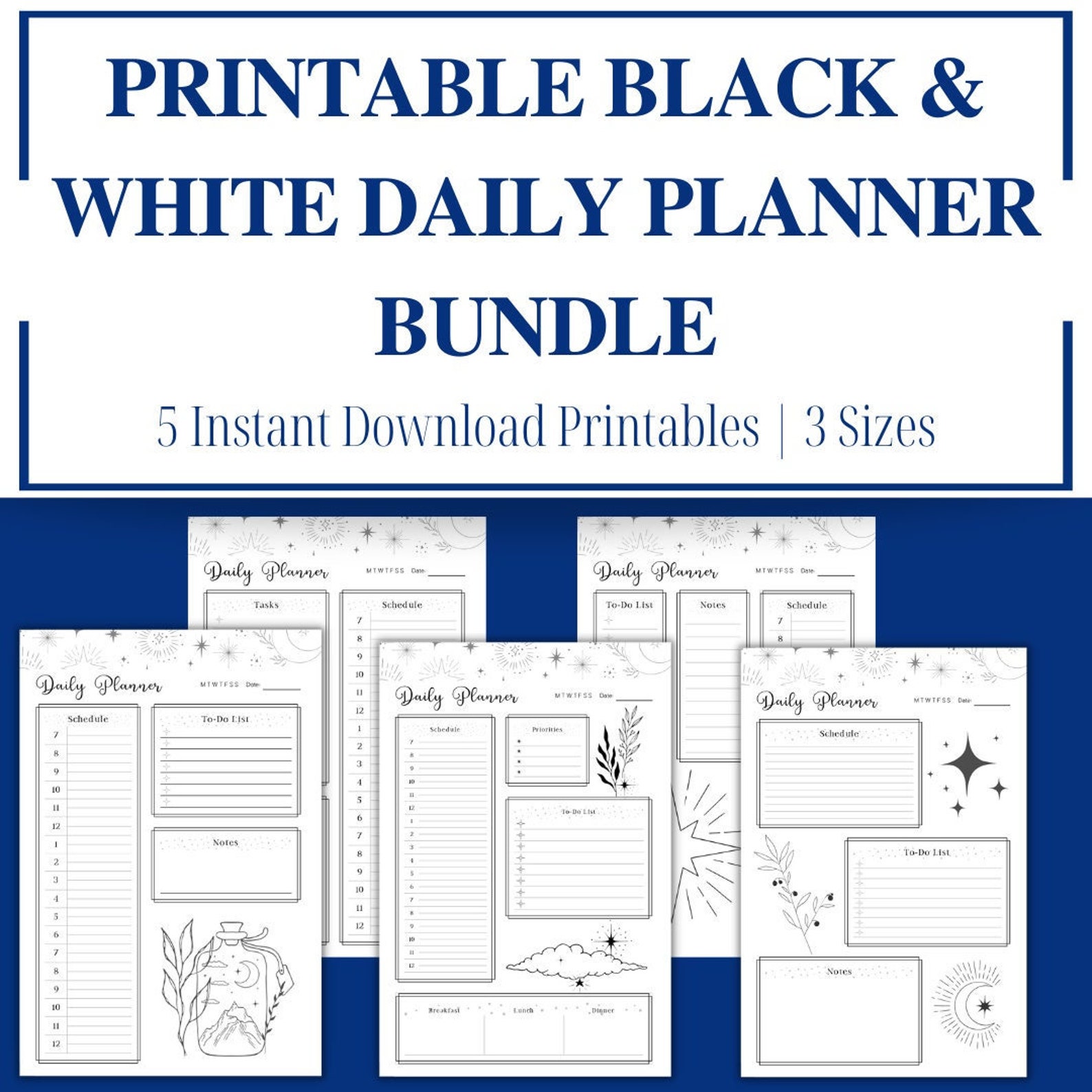 Printable Black and White Daily Planner Bundle With Starry-themed ...