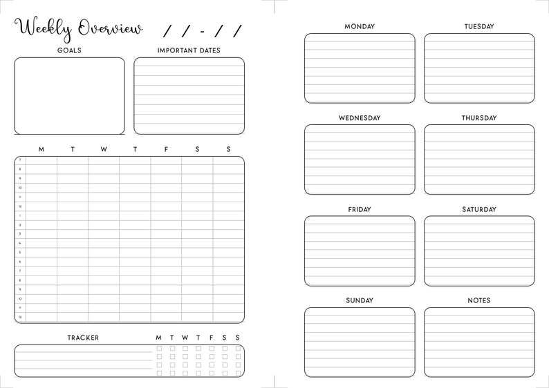 Two Page Weekly Planner Printable | Black and White | Size A4, A5, and ...