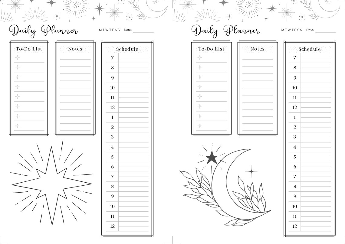 Printable Black and White Daily Planner Bundle With Starry-themed ...