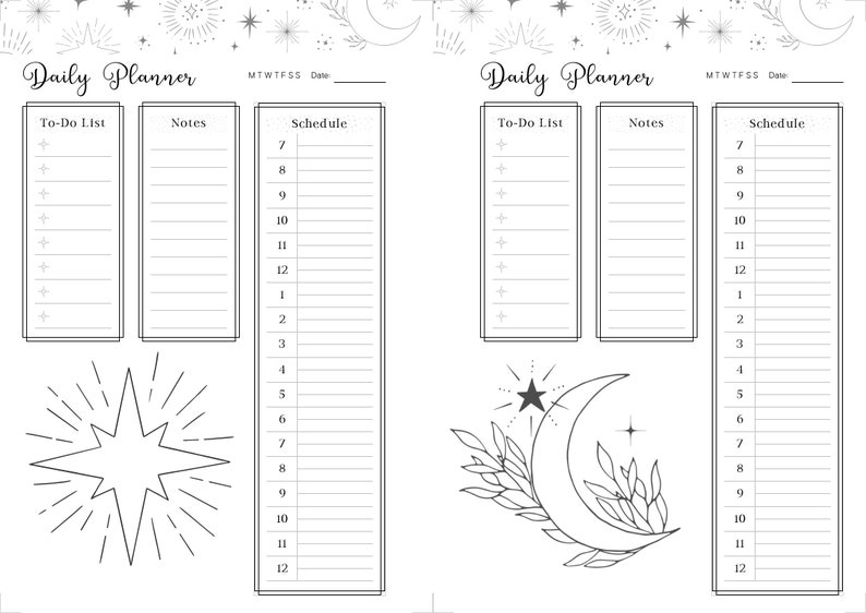 Printable Black and White Daily Planner Bundle With Starry-themed ...