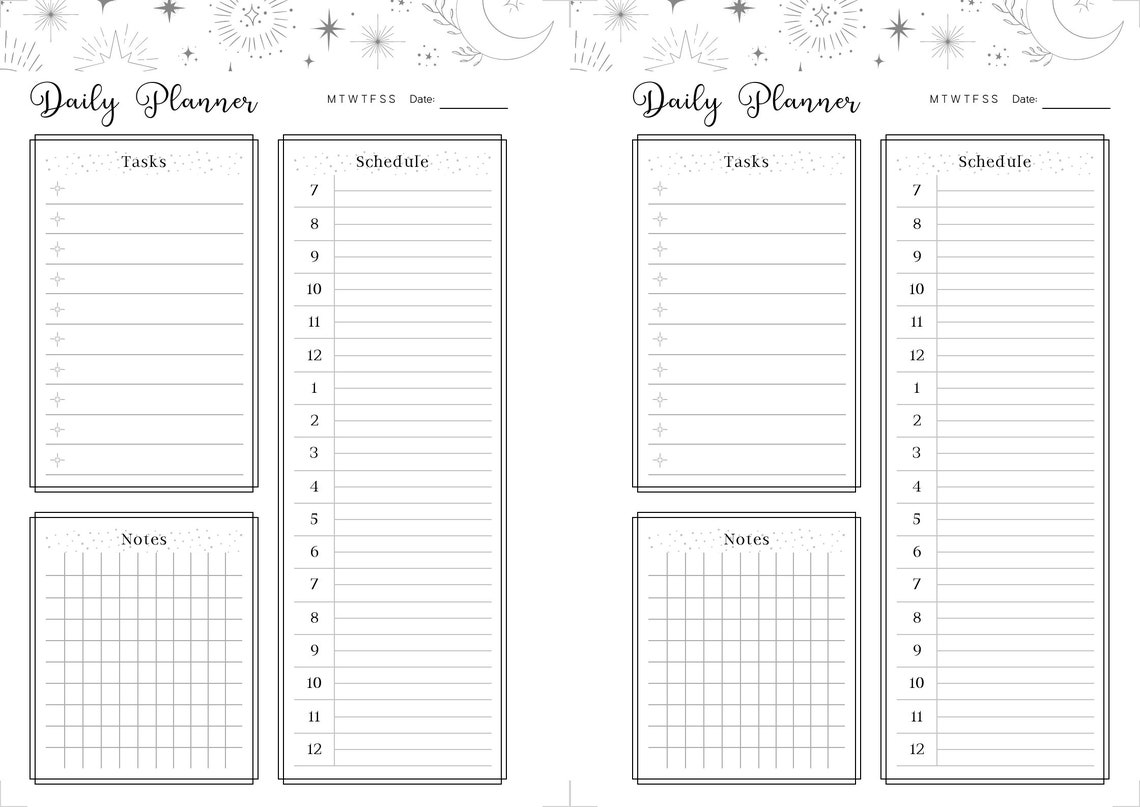 Printable Black and White Daily Planner Bundle With Starry-themed ...