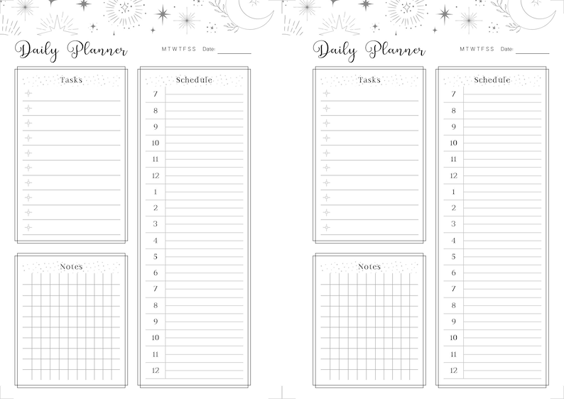 Printable Black and White Daily Planner Bundle With Starry-themed ...