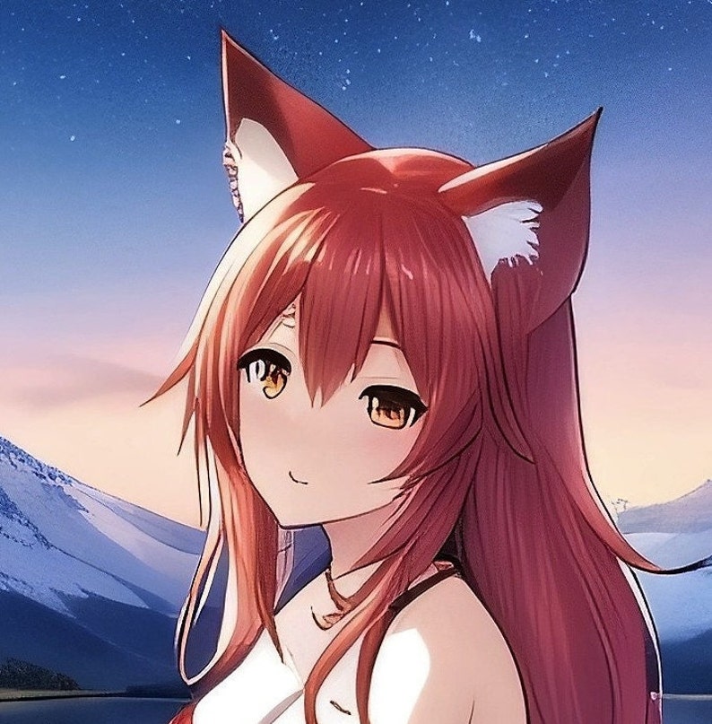 Anime Red Fox Girl Kneeling by the Lake Under the Moon. Digital Art ...