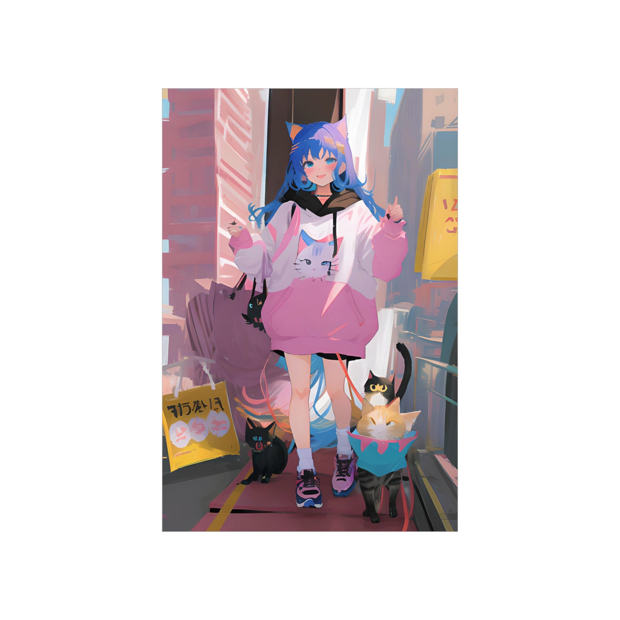 Cute Anime Girl Walking Cats in the City. Premium Matte Vertical ...