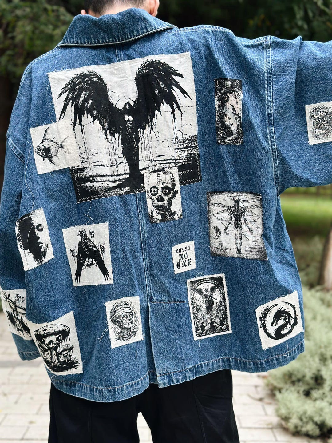 Custom Denim Jacket Hand Painted Unisex / Patchwork Clothing Gothic ...