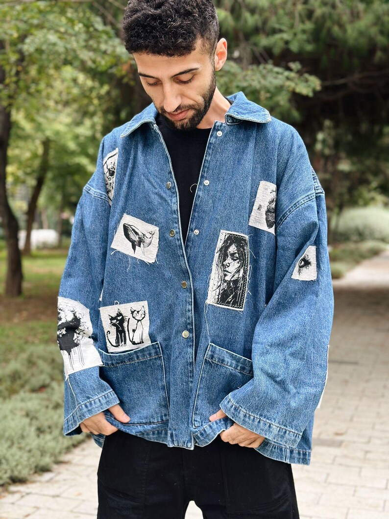 Custom Denim Jacket Hand Painted Unisex / Patchwork Clothing Gothic ...