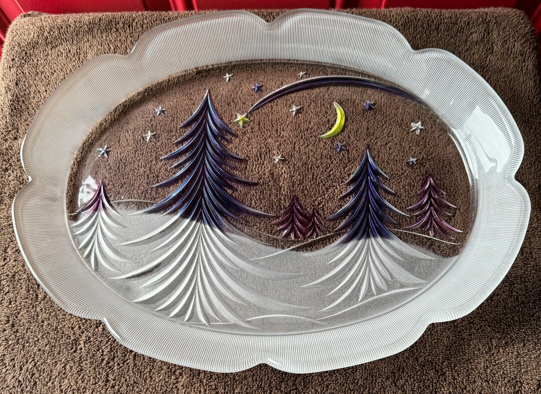 1970s Multicolor Etched Platter by Studio Nova Mikasa Oval Christmas ...