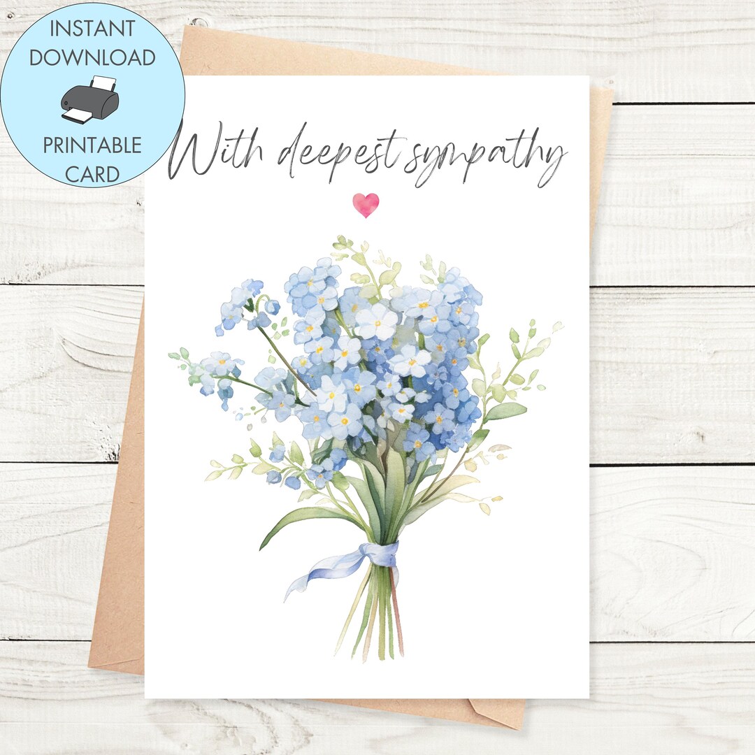 Printable With Deepest Sympathy Card Blue Flowers, Instant Download ...