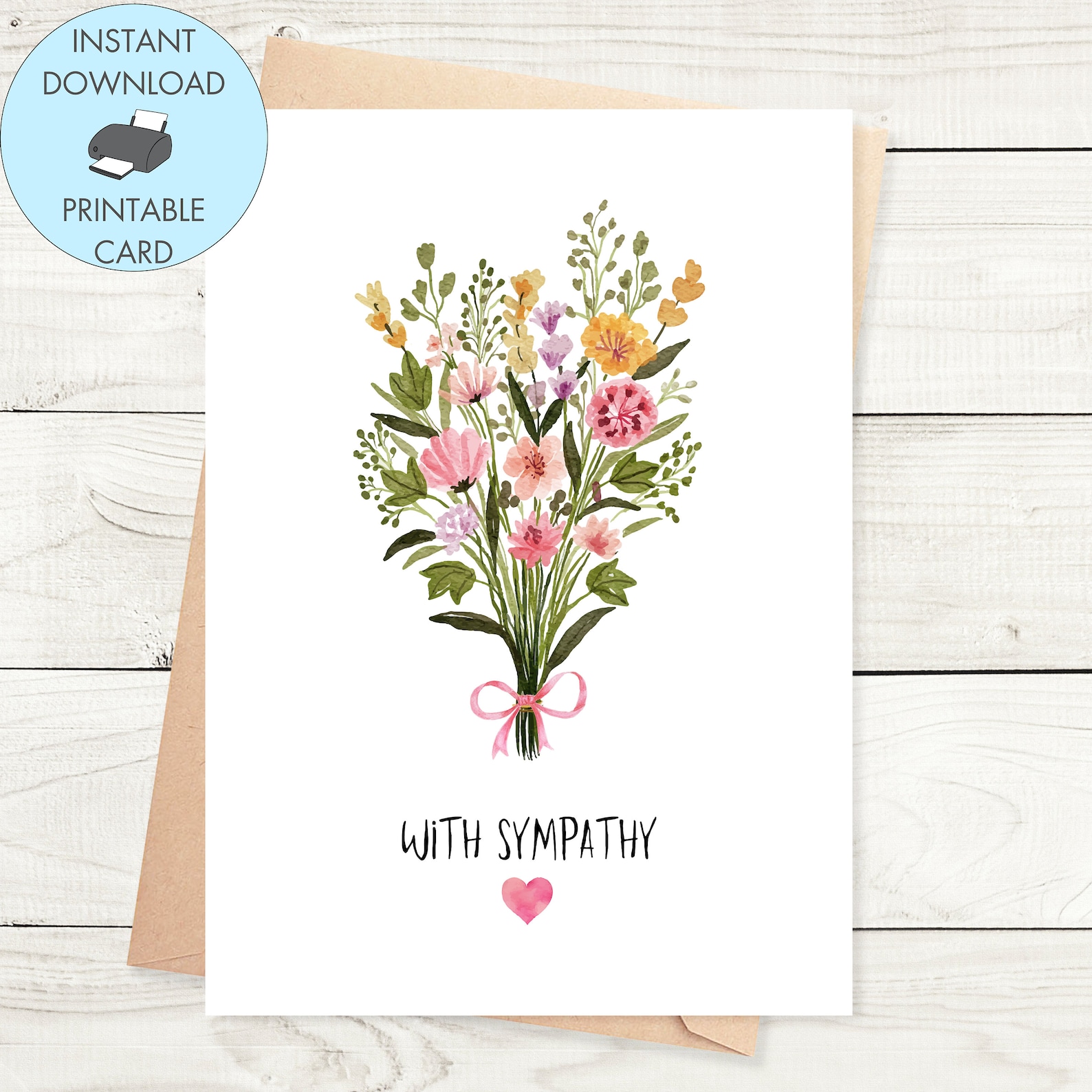 Printable Sympathy Card, Instant Download Sympathy Flowers Card ...