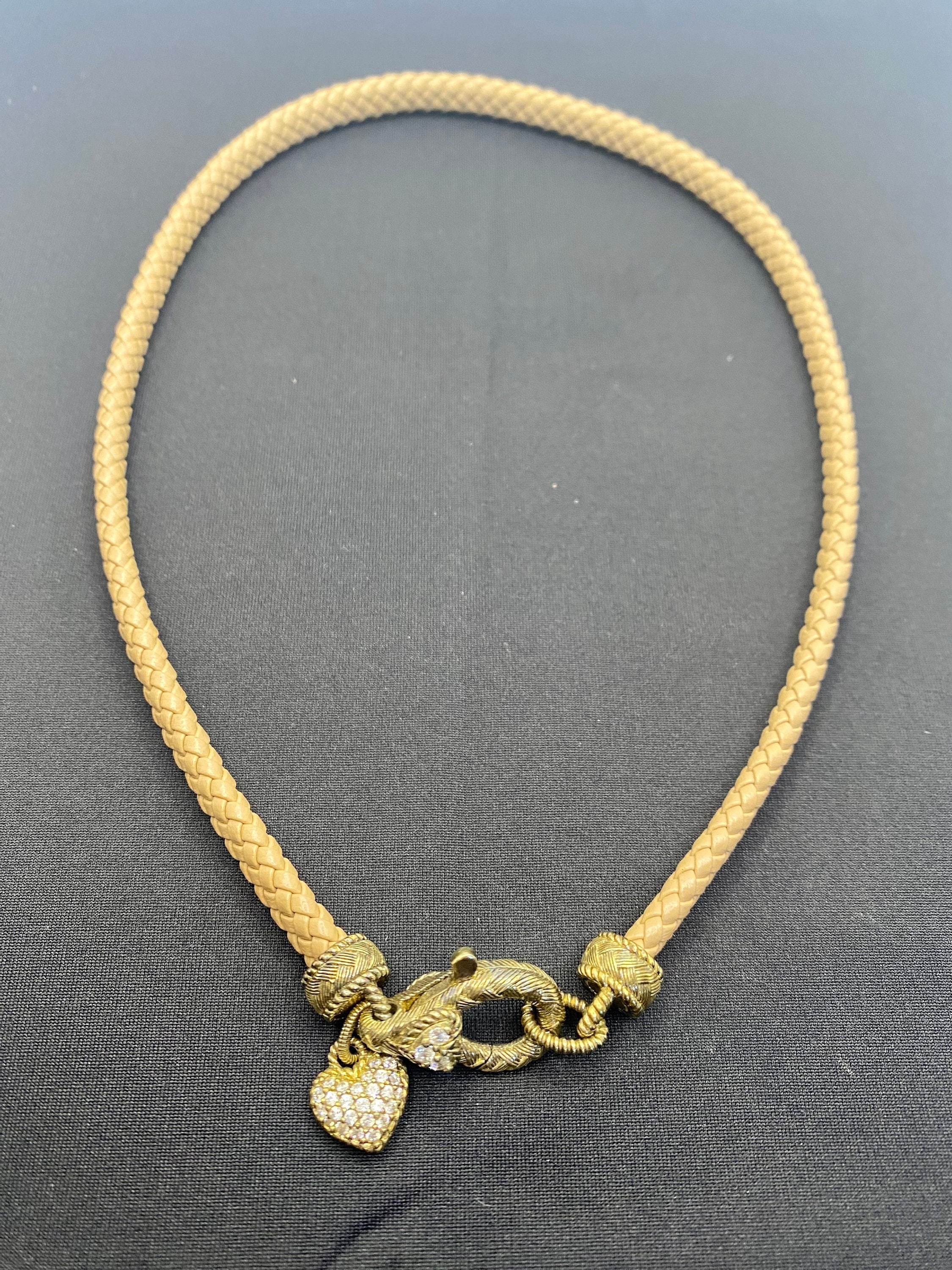 Judith Ripka, Beige Leather Braided Cord, 925 Sterling Silver, CZ, Gold ...