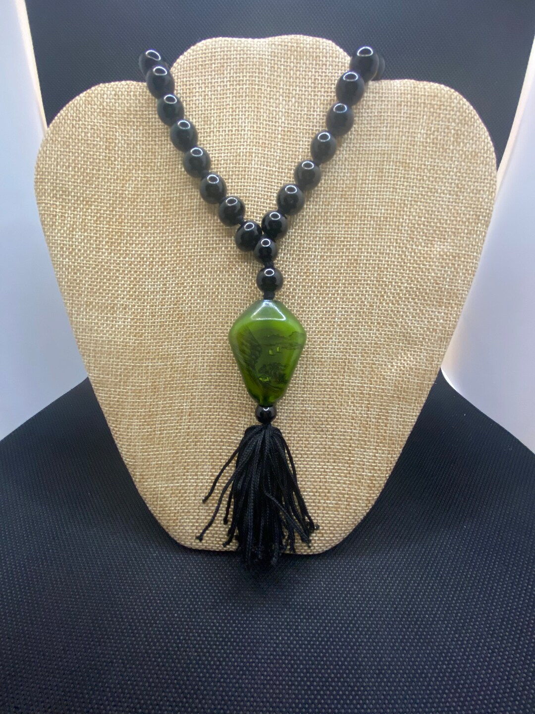 Black Jet Beads With Green Pendant Stone, 2 Sided Asian Inspired Scene ...