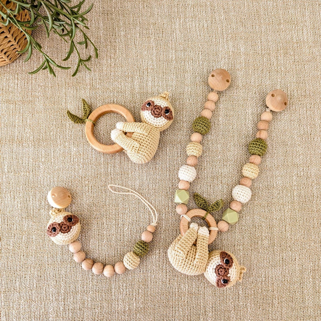 Amigurumi Cuddly Toy Sloth, Stroller Chain Sloth, Rattle, Pacifier ...