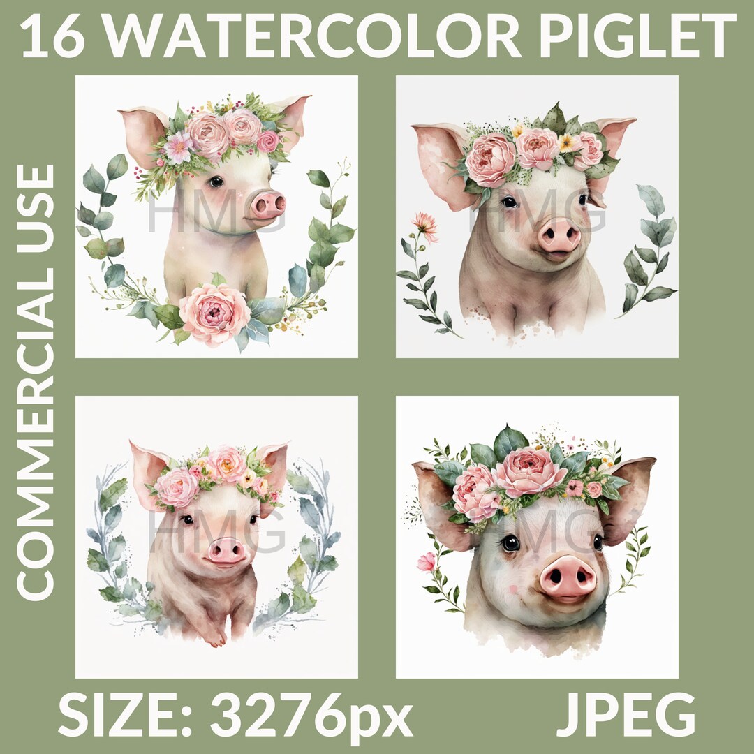 Charming Watercolor Piglet Pack: 16 Floral Piglets in JPG - Etsy