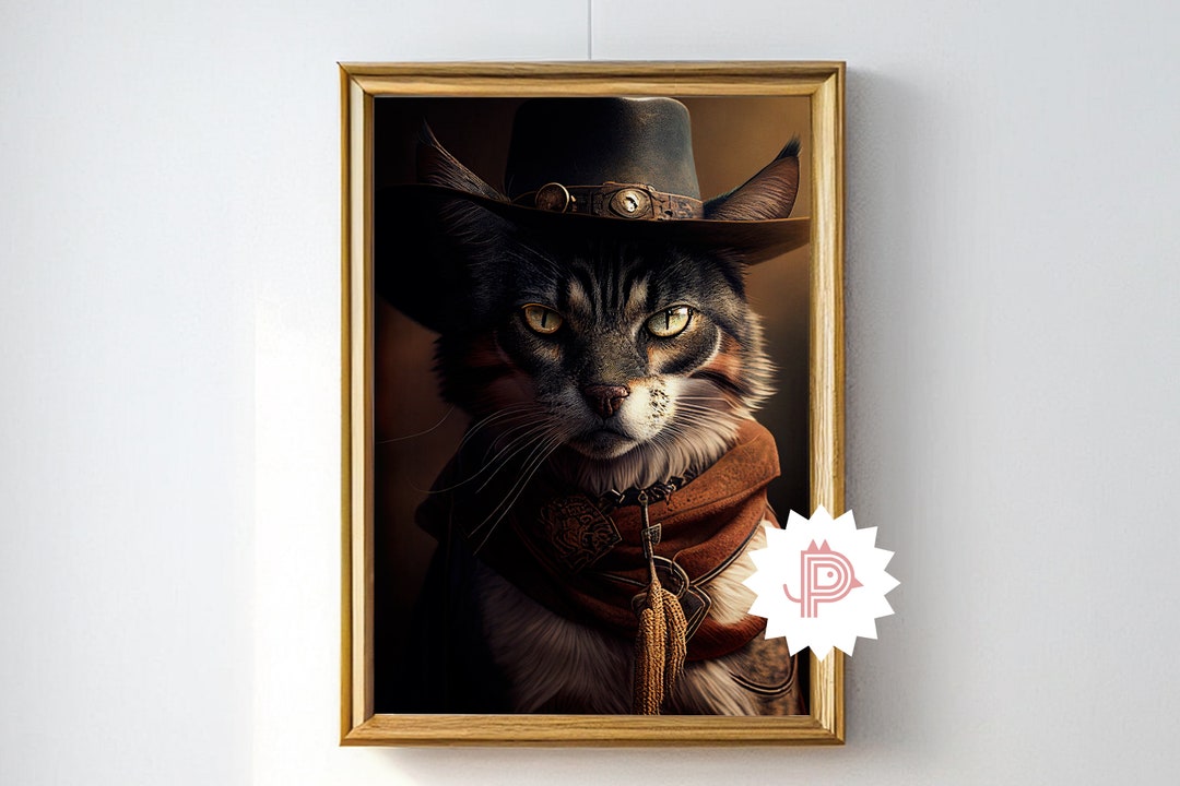 Cowboy Cat Pet Poster Art, Vintage Animal Portrait, Trendy Kittenart ...