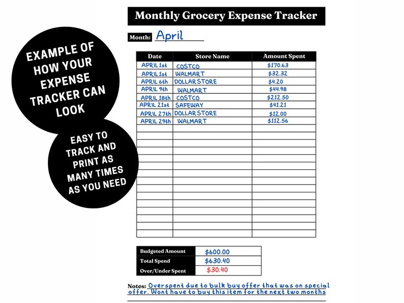 Grocery Expense Tracker Monthly Budget Tracker Grocery List Expense Tracker Log Printable ...