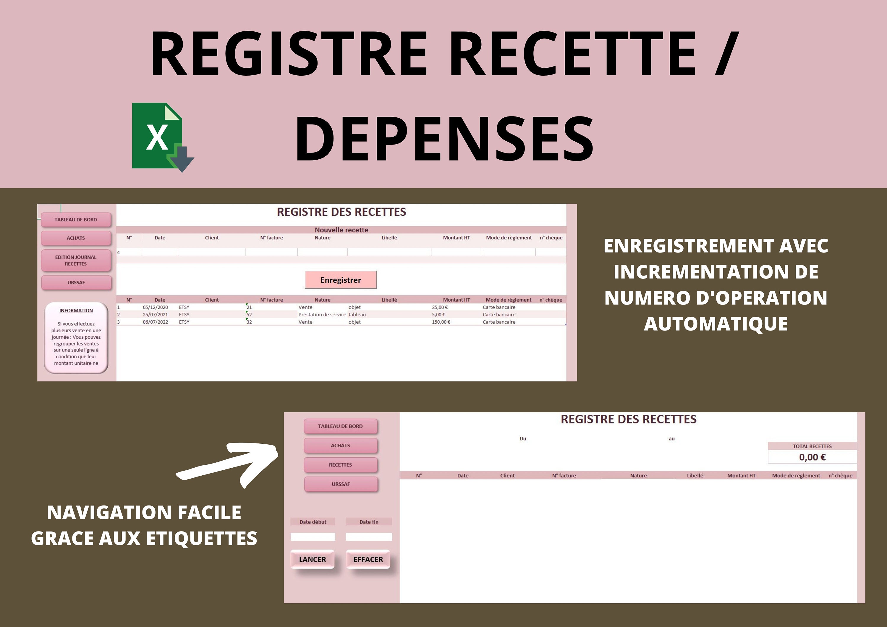 Purchasing and Recipe Register, Urssaf Declaration, Excel File for ...