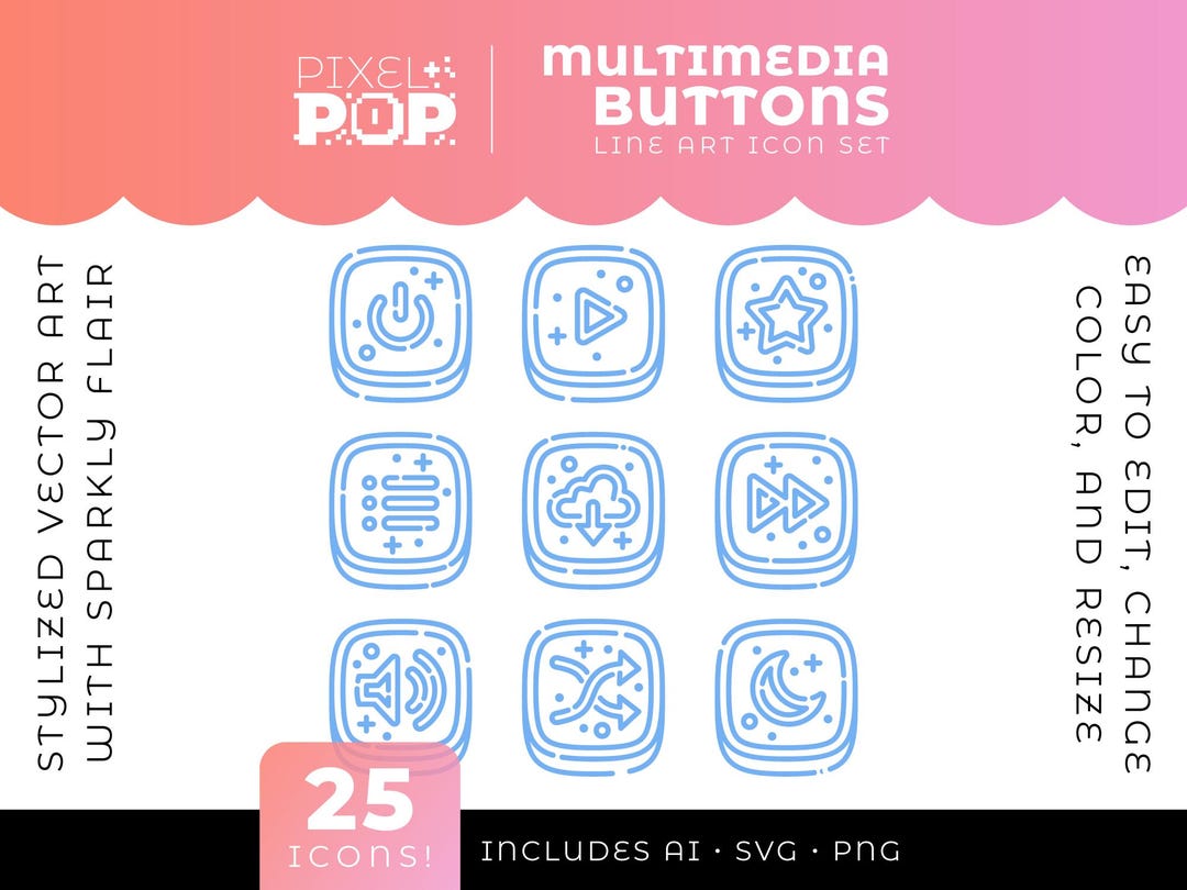 Multimedia Buttons Line Art Icon Set • SVG PNG Bundle - Etsy