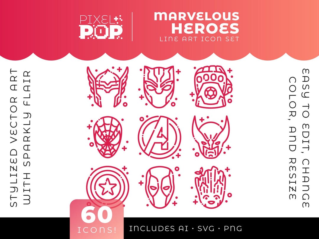 Marvelous Heroes Line Art Icon Set • SVG PNG Bundle - Etsy