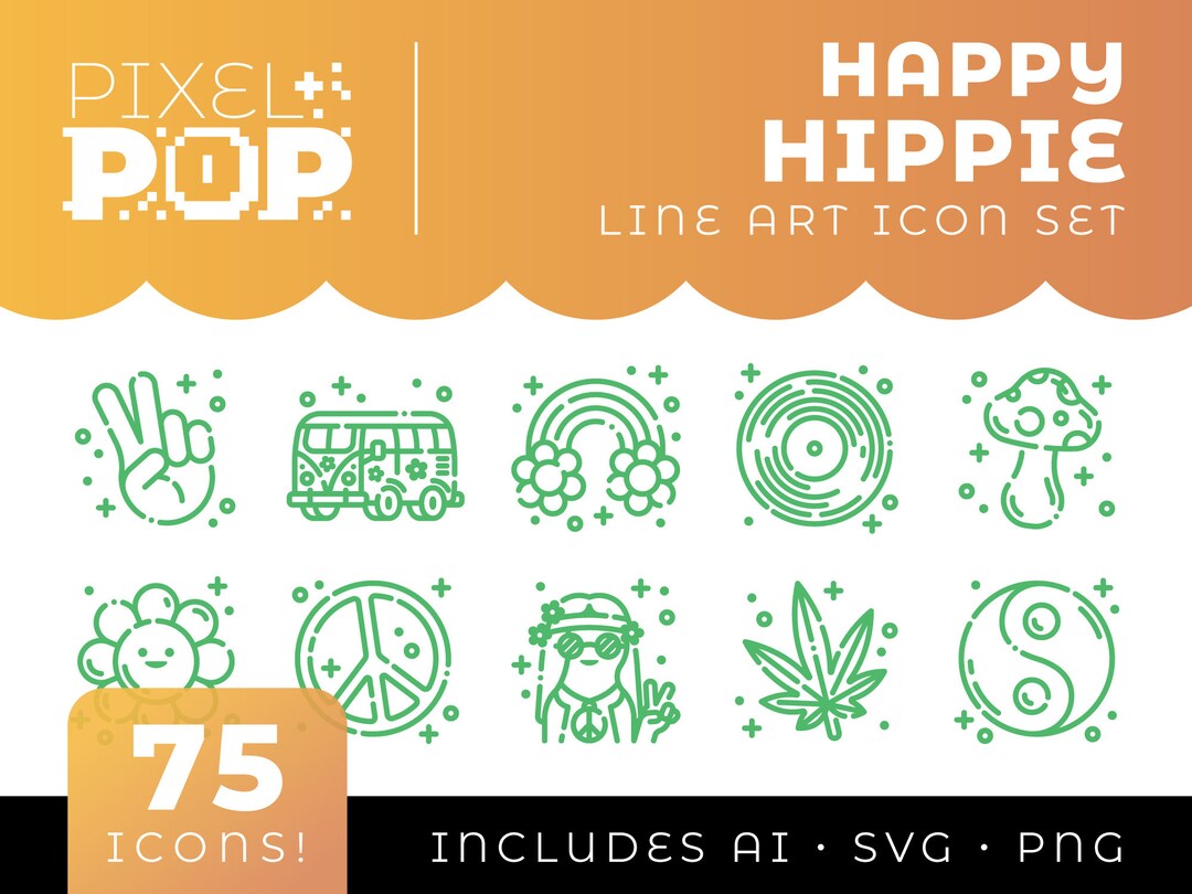 Happy Hippie Line Art Icon Set - Etsy